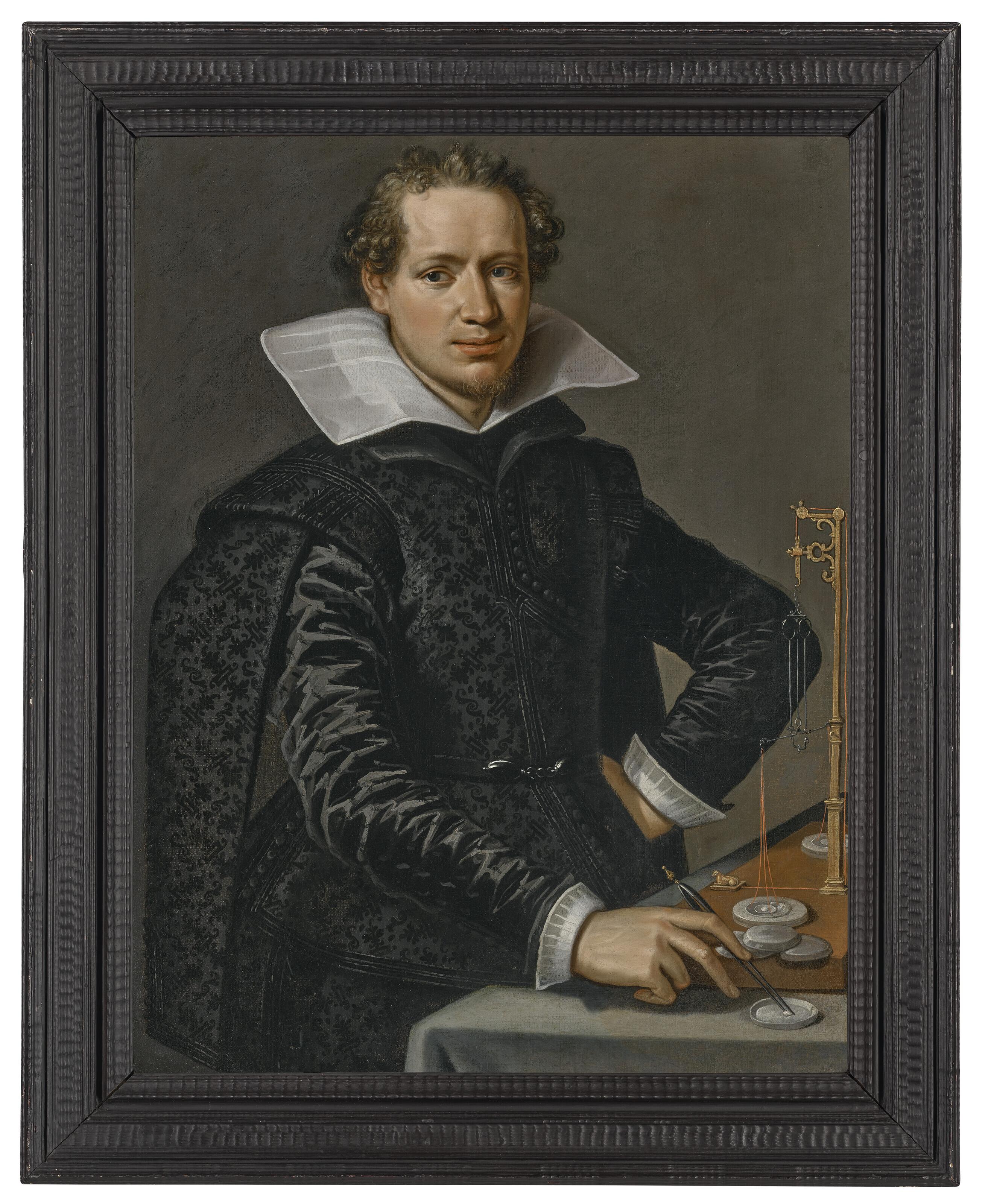 Portrait of a merchant jeweller, half-length, in a black doublet, with ...