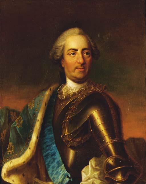 Portrait of King Louis XV, half-length, in armour with the sash of the ...