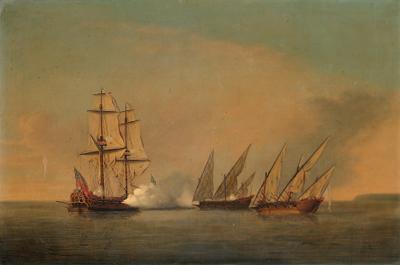 An English privateer in action with two armed French galleys in the ...