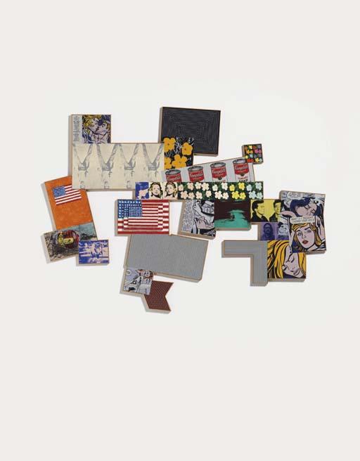 Andy Warhol, "Saturday Disaster," 1964; Train Wreck; Jasper Johns, "Flag On Orange Field," 1957 ...
