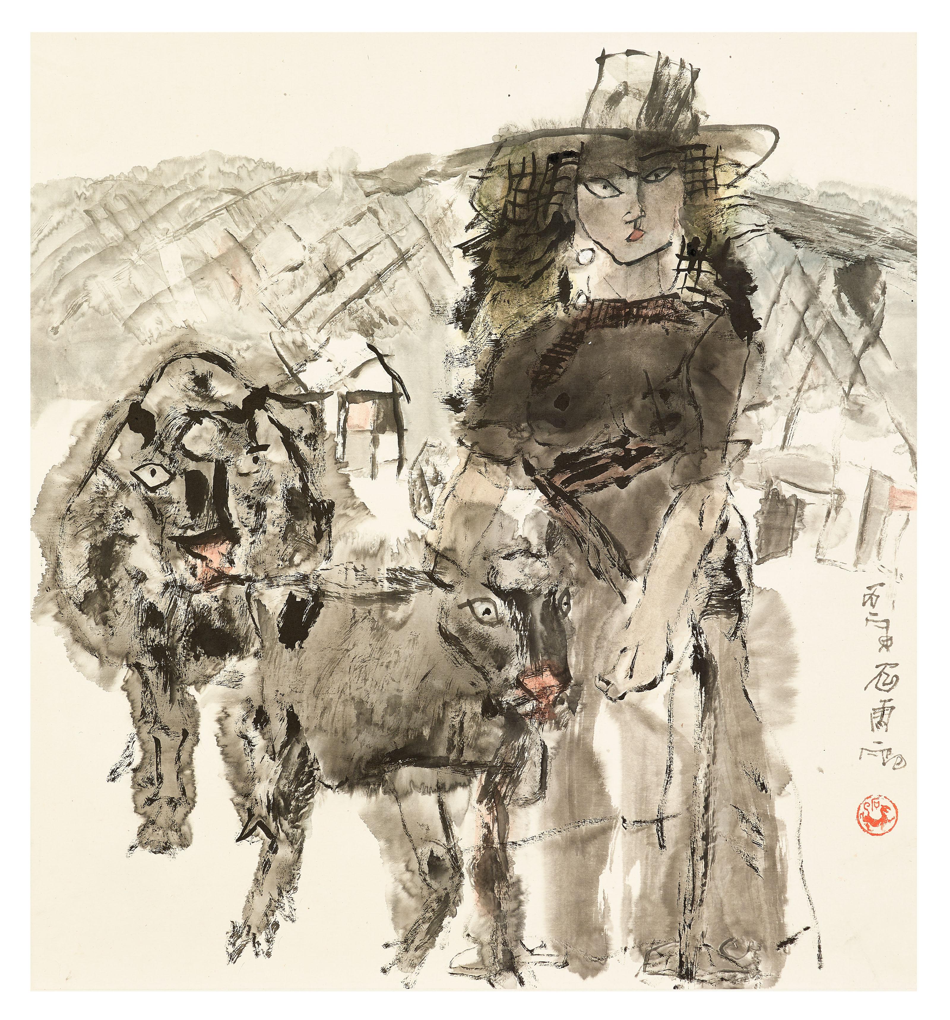 Girl with Two Cows by Shi Hu | Art.Salon