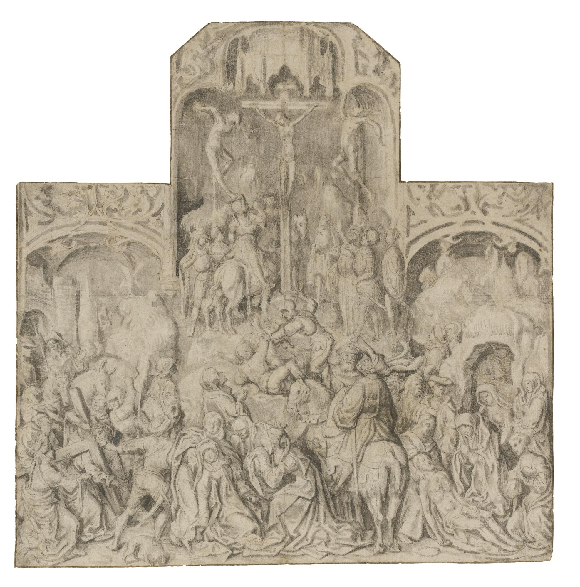 Study Of A Tripartite Altarpiece Representing The Crucifixion Flanked By The Carrying Of The ...