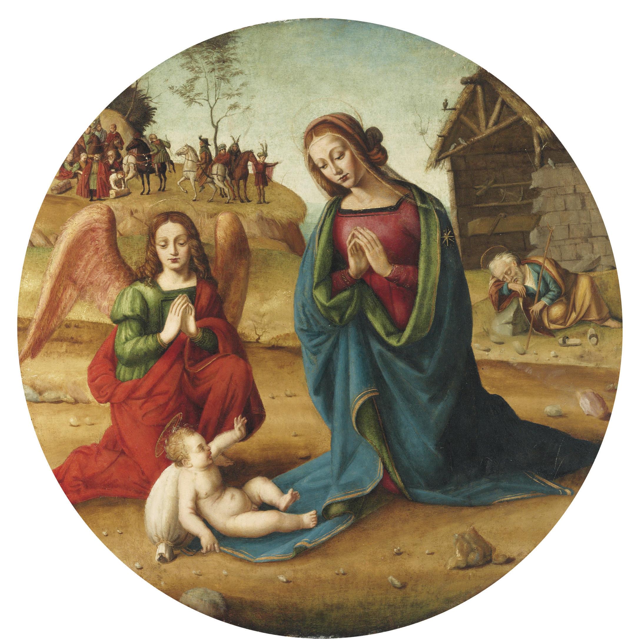 The Holy Family with an adoring Angel, the manger and the retinue of ...