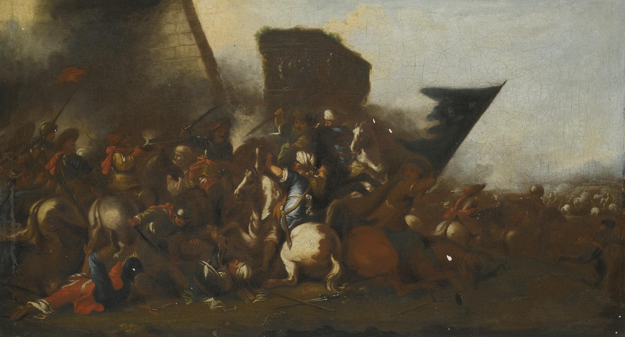 Two Battle Scenes Depicting A Cavalry Skirmish, Military Encampments ...
