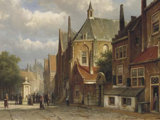 Figures by a wellhead in a Dutch town by Willem Koekkoek | Art.Salon