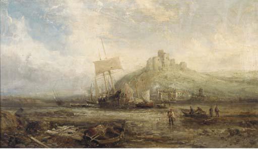 Beached fishing vessels below a ruined castle by William Edward Webb ...